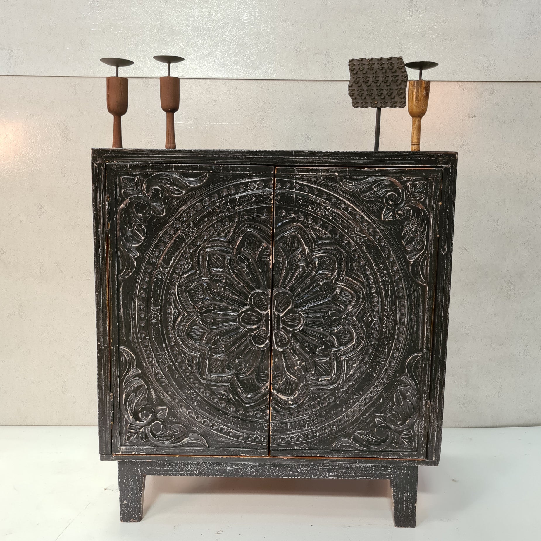 Vivid Indian Solid Wood Open Display Mini Cabinet With Chest Of Drawer ...
